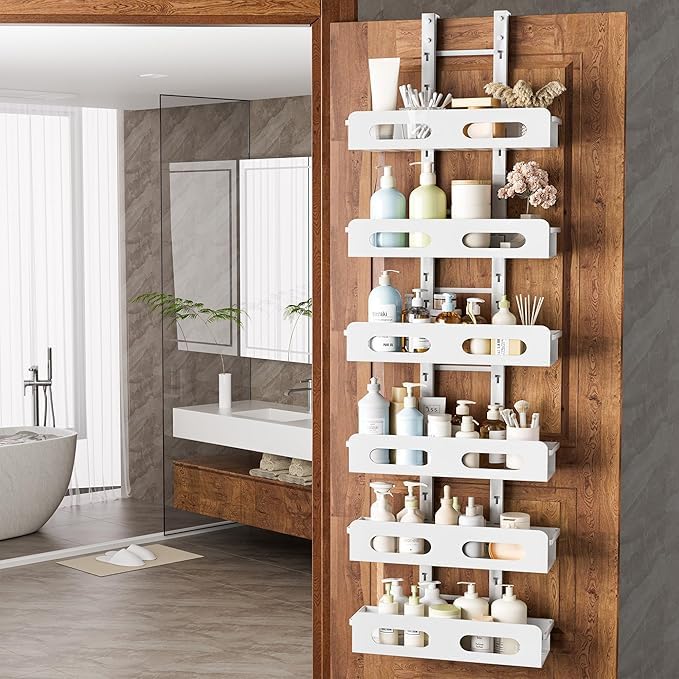 GONAT 6 Tier Shower Caddy Organizer, Over the Door Storage Hanger,Shower Shelves Rack with Door Hook, Bathroom Storage Hanger and Organizer, Cabinet Spice Storage Hanger (6 * 6' Wide Bakets, White)