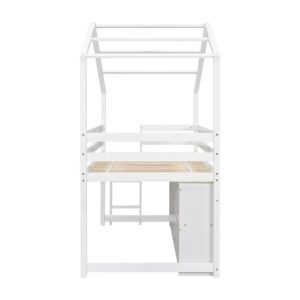 Twin Size House Loft Bed with Roof Frame, Under Bed Shelving Storage Unit, Solid Wood Loft Bed Frame with Ladder and Guardrails for Kids Teens Boys Girls, No Box Spring Needed (White)