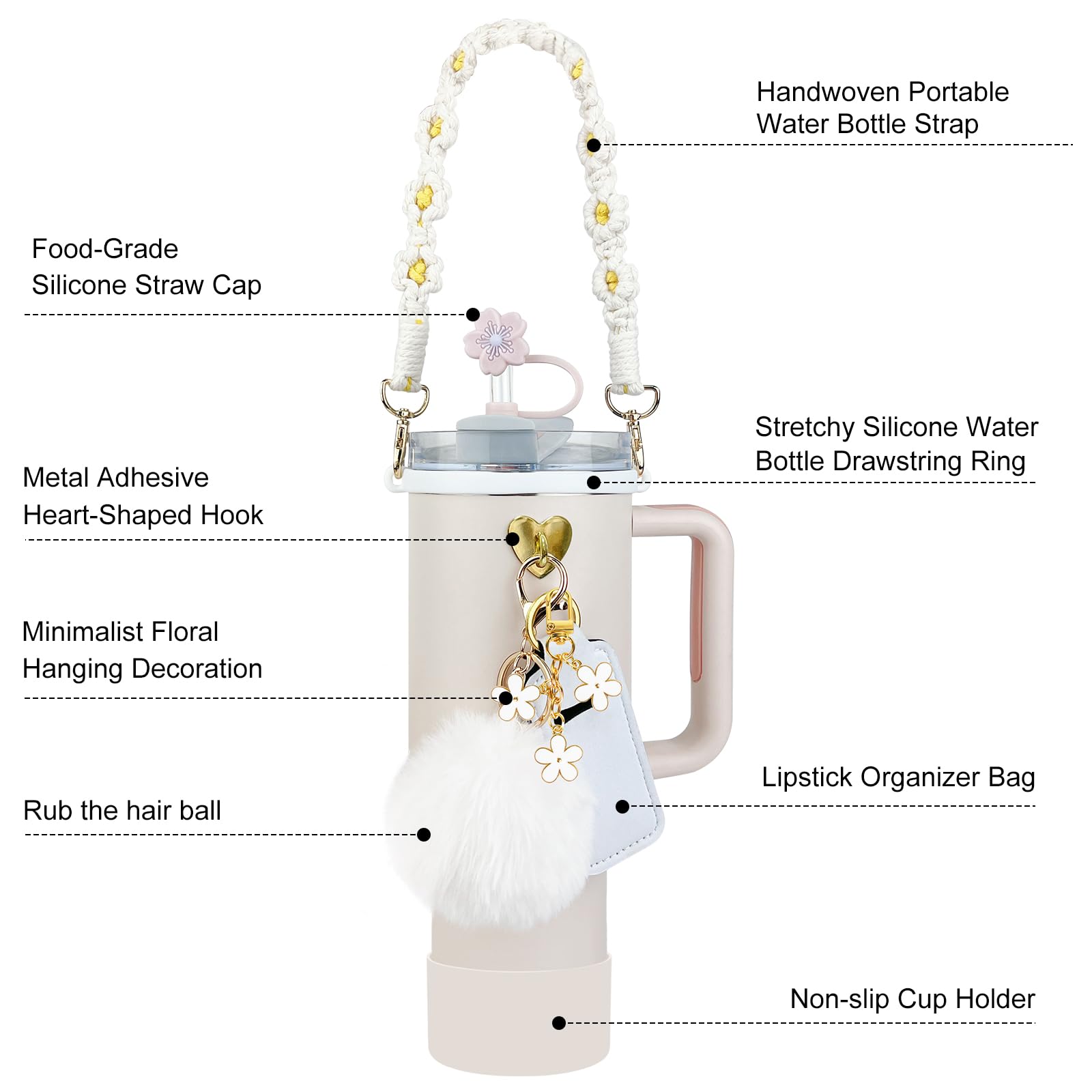 Velaco 11 PCS Cup Accessories for Stanley Cup, Water Bottle Handle Strap for Stanley 30/40 oz tumbler with handle, including Straw Toppers, Silicone Cup Boot, Keychain Charms - White