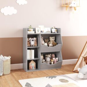 sunnyfurn kids 3-tier toy storage organizer kids bookshelf double side toy shelf gray- 5 compartment bookshelf & toy shelf for kids' room, bedroom, living room, and kindergarten - for toys and books