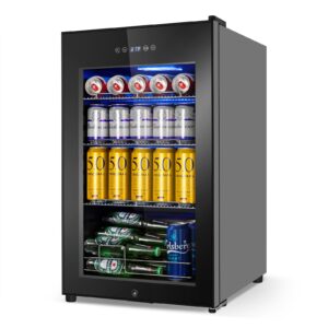 turephe beverage refrigerator 17 inch wide, mini beverage cooler with glass door 126 cans, countertop/freestanding beverage beer fridge with temperature memory, perfect for soda, beer