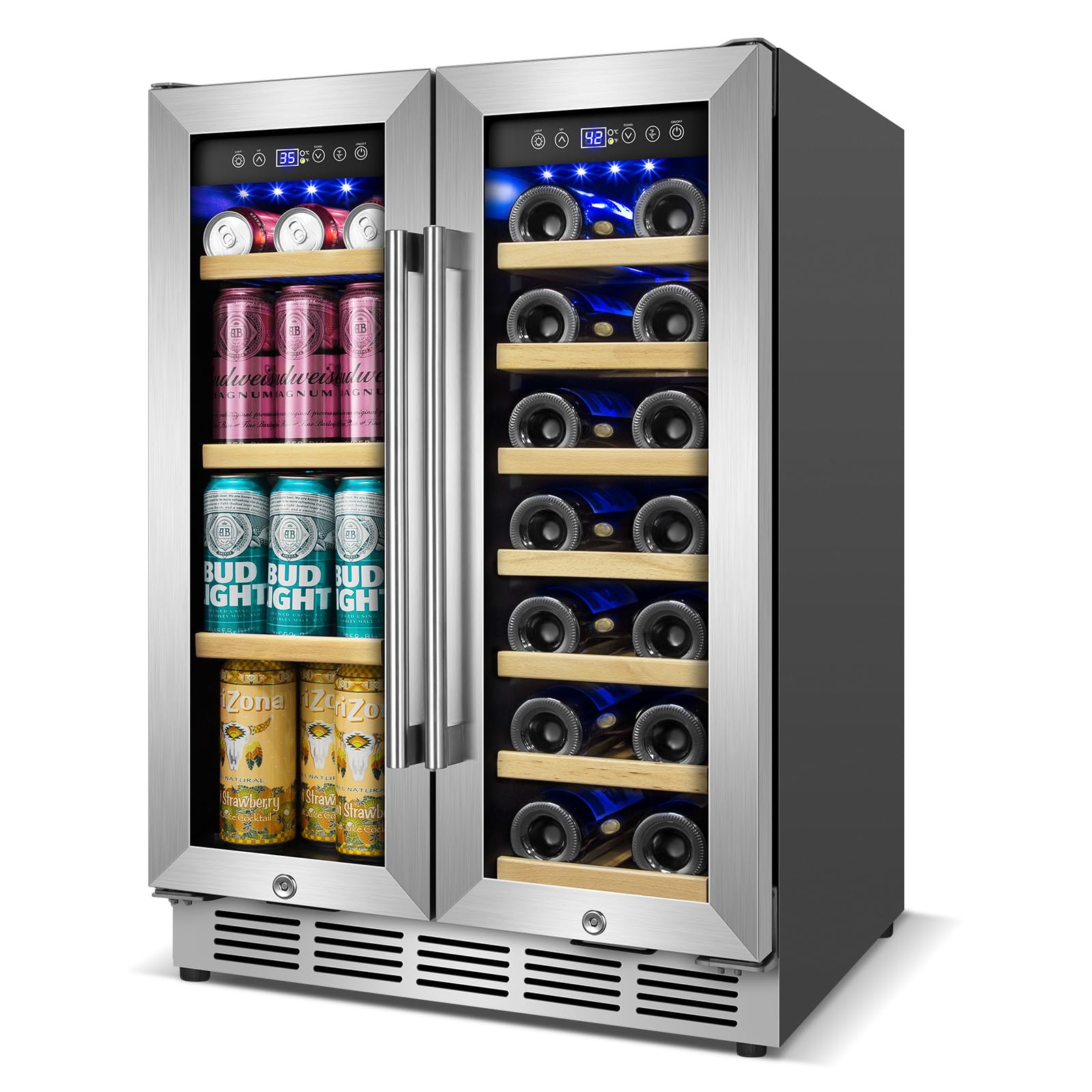 turephe Wine and Beverage Refrigerator, 24Inch Beverage Cooler Dual Zone with Glass Door, Built-in/Freestanding Beverage Fridge with Upgraded 20 Bottles and 60 Cans Large Capacity