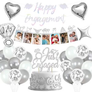 trgowaul engagement wedding decorations, silver happy engagement banner with 7pcs photo banner for bridal shower, ring foil balloon, just engaged cake topper bridal shower supplies