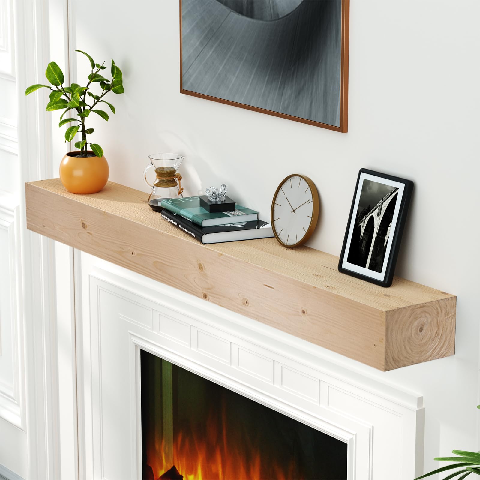 ROOMTEC Fireplace Mantel,72" Wood Floating Fireplace Shelves,Wall Mounted Wooden Display Shelving,Handcrafted Wood Brack,Natural Mantels Over Fireplace | 72" x 8" x 6"-Clear Varnished Natural Wood