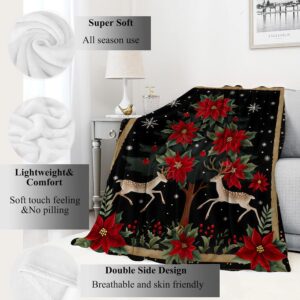 VODRM Reindeer Blanket Poinsettia and Tree Throw Blankets,Birthday Gifts for Kids Girls Boys,Lightweight Soft Fleece,Festive Holiday Lovers,Sofa Couch Bed Room Christmas Decor 50x60in