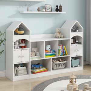 vabches kids bookcase and toy storage cabinet, children bookshelf, castle shape, playroom furniture multipurpose shelf for toddlers to organize toys and books magic castle, cool white