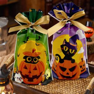 VIFOME 24 Pcs Halloween Goodie Bags Trick or Treat Bags Cat and Pumpkin Candy Bags Plastic Bags with Ribbons for Gift Wrapping Halloween Party Decoration