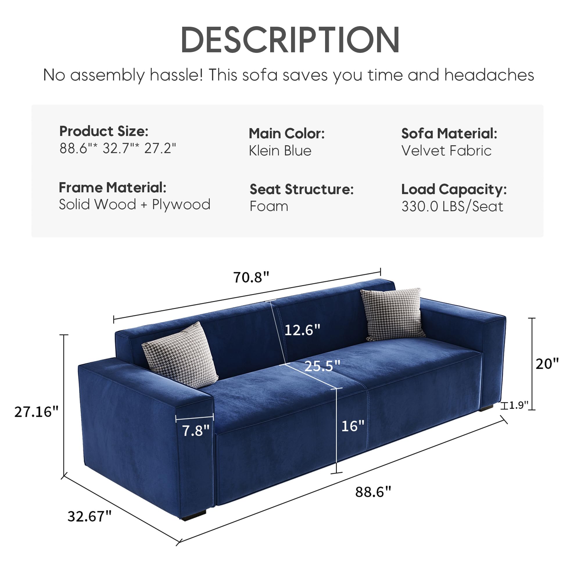 Yoglad 88.6" 3-Seater Modern Minimalist Sofa with Square Armrests, Oversized Seat Velvet Couch and 2 Pillows, Right Angles Geometry Loveseat Furniture for Living Room Small Apartment (Klein Blue)