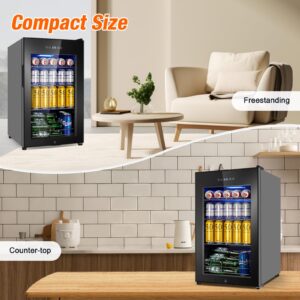 turephe Beverage Refrigerator 17 Inch Wide, Mini Beverage Cooler with Glass Door 126 Cans, Countertop/Freestanding Beverage Beer Fridge with Temperature Memory, Perfect for Soda, Beer