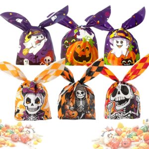 yeabomy halloween treat bags 100pcs,6 style candy bags treat bags kids, cute rabbit ear plastic goody bags halloween bags for trick or treat goodie party favor gifts