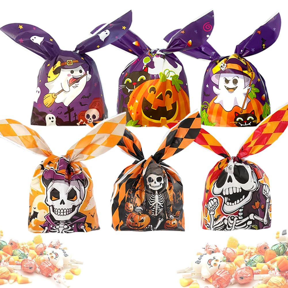 Yeabomy Halloween Treat Bags 100Pcs,6 Style Candy Bags Treat Bags Kids, Cute Rabbit Ear Plastic Goody Bags Halloween Bags for Trick or Treat Goodie Party Favor Gifts