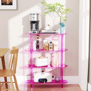 solaround Clear Bookshelf, Acrylic Bookcase with Open Book Shelf Console Table for Entryway Office (4 Tier Pink)