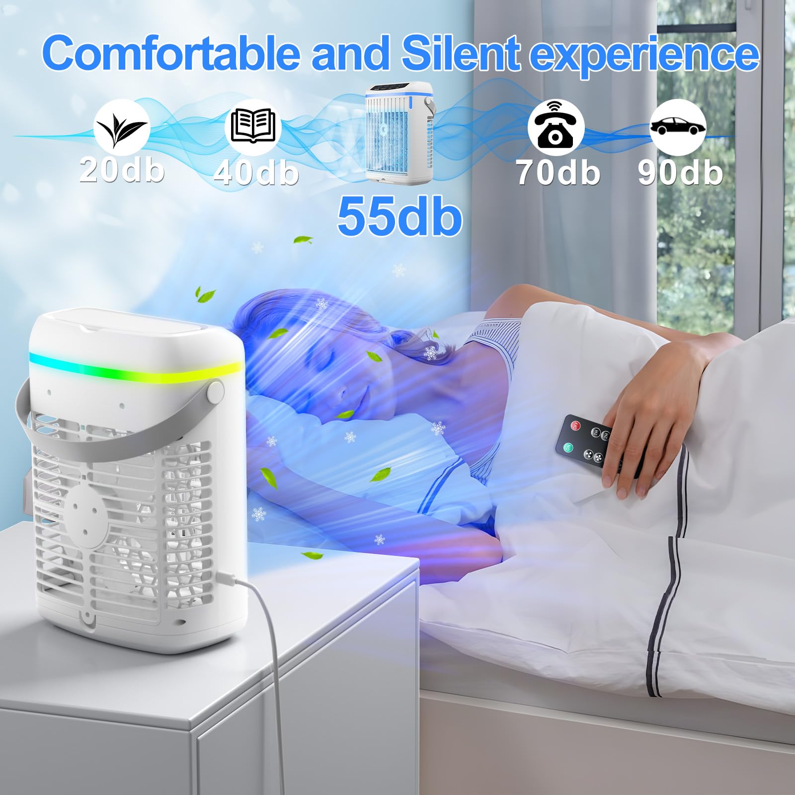 Evaporative Air Cooler, PERKDS Portable Air Conditioner with Quiet, 3 wind speeds & 2 Cool Mist with Colorful Night Light, Mini AC Unit for Bedroom Room Car Office