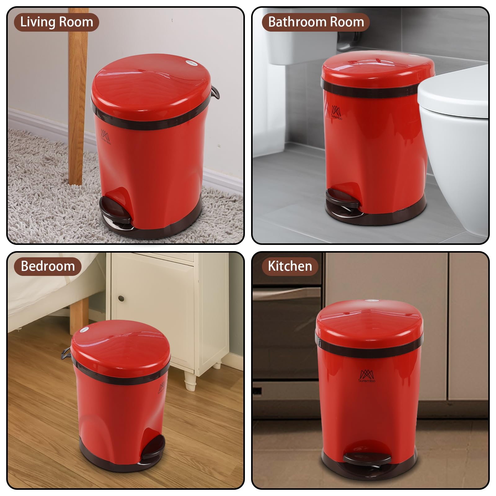 Bblina 1 Pack Plastic Foot Pedal Trash Can, 2.6 Gallon Garbage Can with Lid, Red