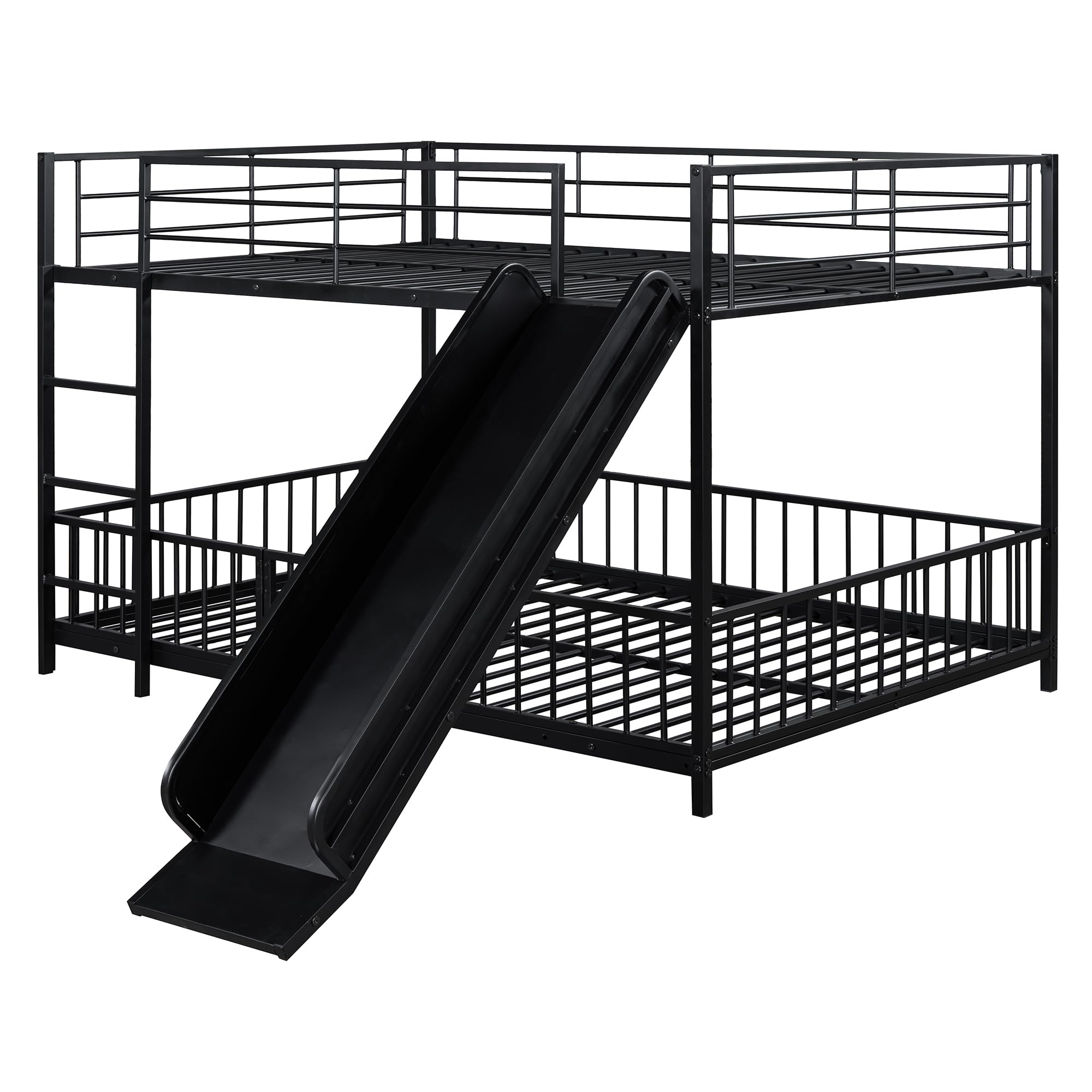 Bellemave Full Over Full Bunk Bed with Slide and Ladder, Metal Bunk Bed for Kids, Girls, Boys, Removable Fence, Low Bunk Bed with Slide, with Door, Black