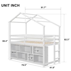 Twin Size House Loft Bed with Roof Frame, Under Bed Shelving Storage Unit, Solid Wood Loft Bed Frame with Ladder and Guardrails for Kids Teens Boys Girls, No Box Spring Needed (White)