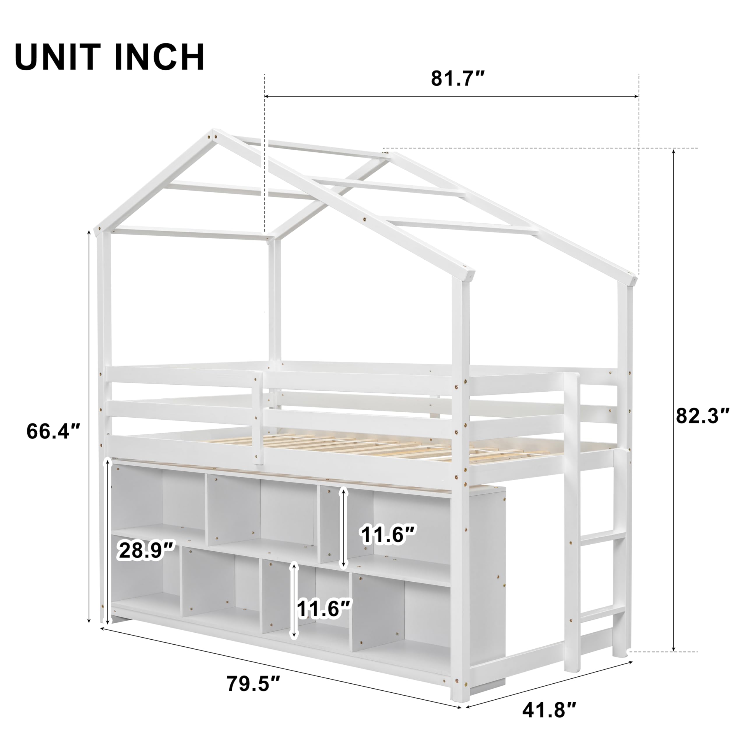 Twin Size House Loft Bed with Roof Frame, Under Bed Shelving Storage Unit, Solid Wood Loft Bed Frame with Ladder and Guardrails for Kids Teens Boys Girls, No Box Spring Needed (White)