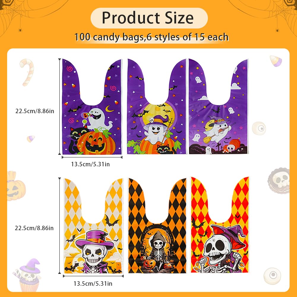 Yeabomy Halloween Treat Bags 100Pcs,6 Style Candy Bags Treat Bags Kids, Cute Rabbit Ear Plastic Goody Bags Halloween Bags for Trick or Treat Goodie Party Favor Gifts