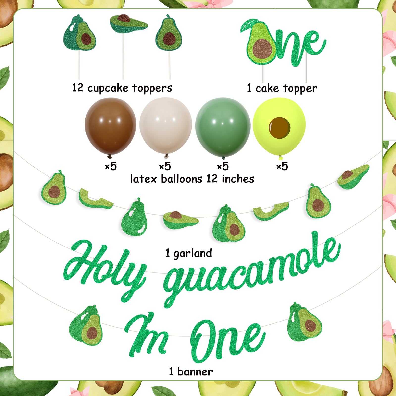 Sursurprise Avocado 1st Birthday Decorations, Holy Guacamole I’m One First Birthday Banners, Fiesta Avocado Fruit Cake Cupcake Toppers Balloons, Cinco De Mayo One Year Old Bday Party Decor Supplies