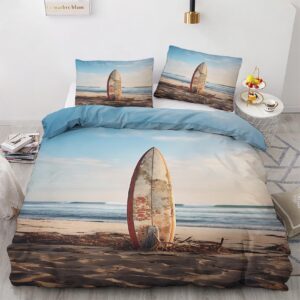 surfboard duvet cover oversized king size, coastal beach theme bedding set 3 piece for bedroom decor, summer surfing sport duvet cover & 2 pillow shams, with zipper & ties, super soft microfiber