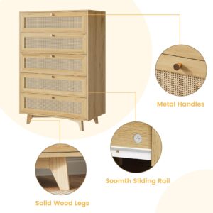 AOGLLATI Rattan Dresser for Bedroom with 5 Drawer, Modern Double Wooden Tall Bedroom Dresser, Chest of Drawers with Metal Handle & Solid Wood Legs for Bedroom/Living Room,Nature