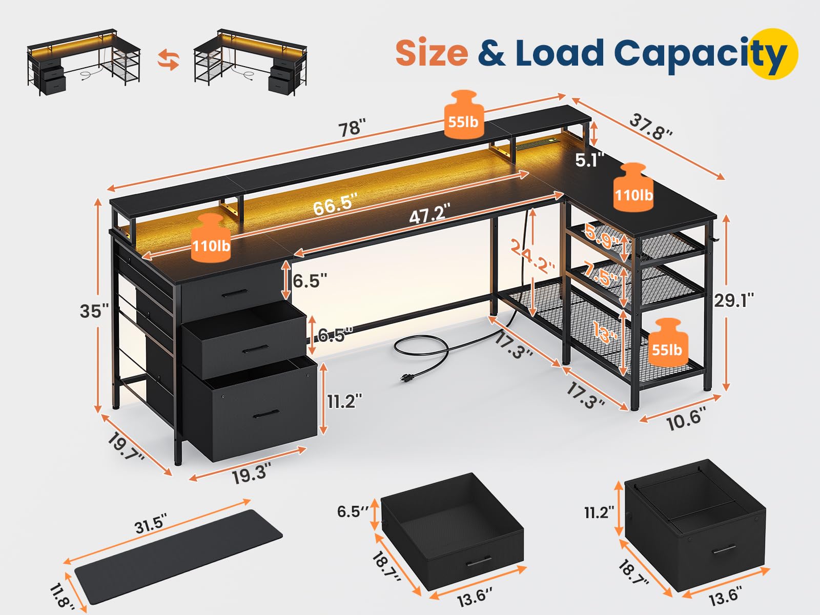 UPOSOJA L Shaped Gaming Desk with 3 Drawers, 78" Reversible Computer Desk with Power Outlet & LED Strip, Home Office Desk with Storage Shelves, Monitor Shelf, Mouse Pad Black