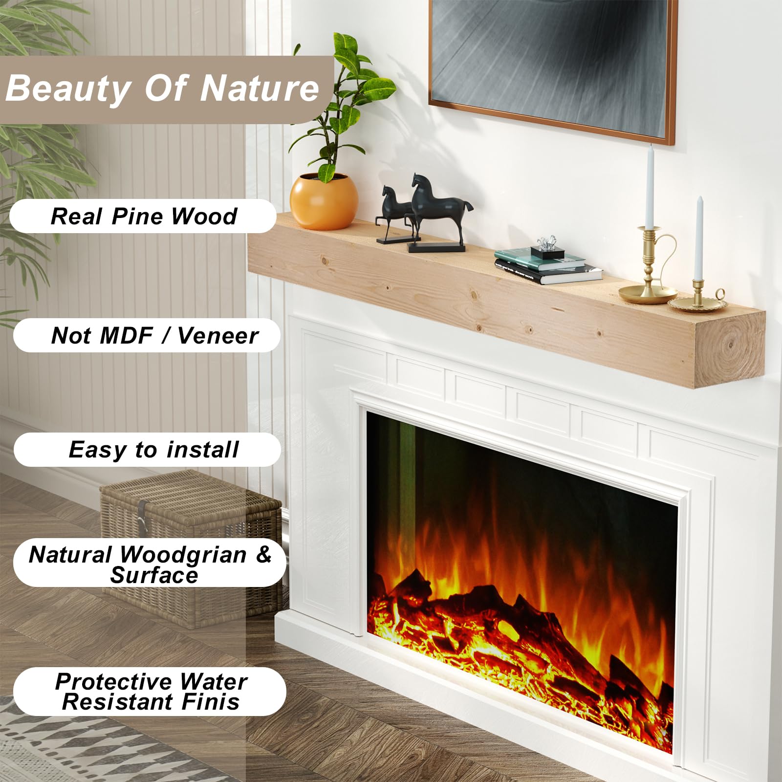 ROOMTEC Fireplace Mantel,72" Wood Floating Fireplace Shelves,Wall Mounted Wooden Display Shelving,Handcrafted Wood Brack,Natural Mantels Over Fireplace | 72" x 8" x 6"-Clear Varnished Natural Wood