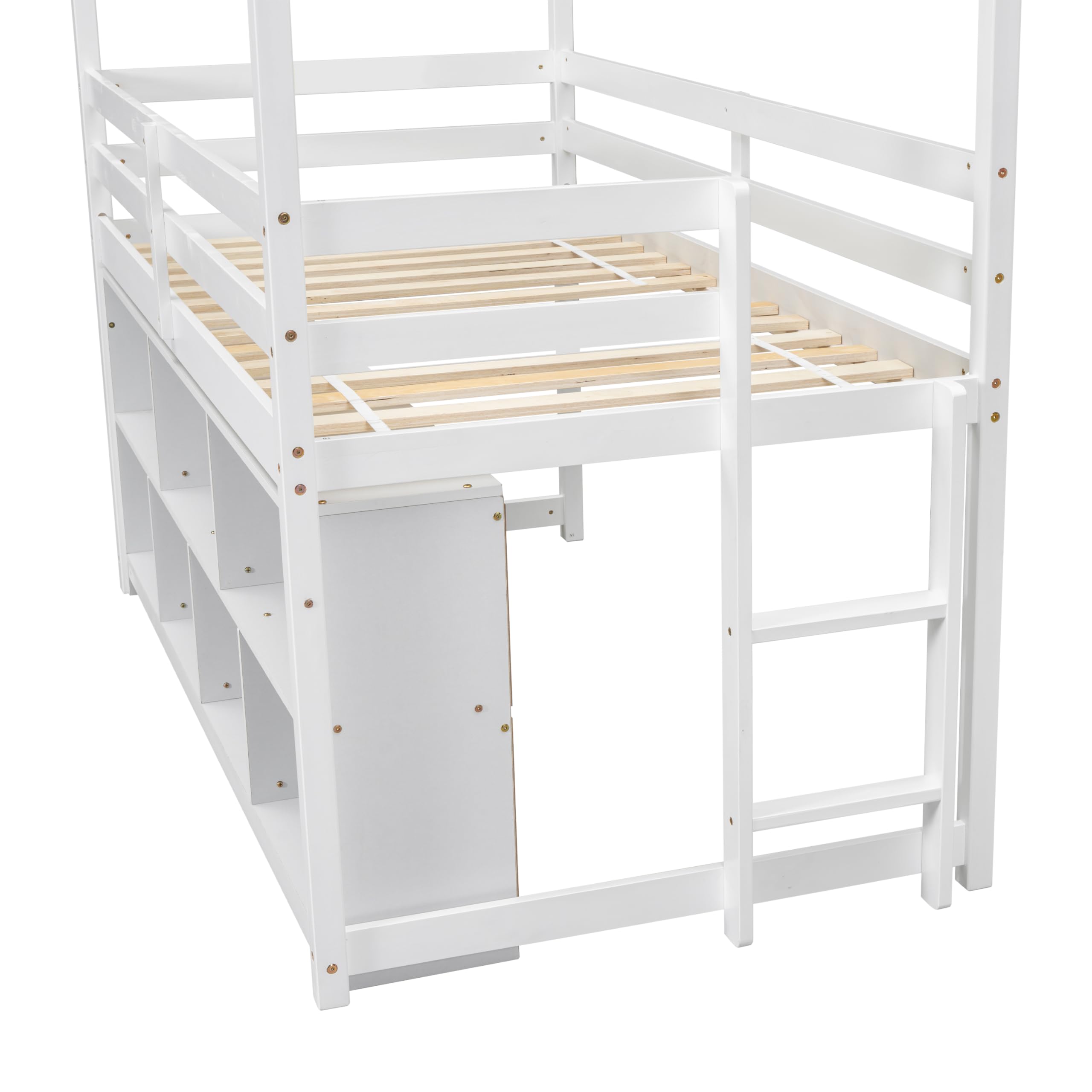 Twin Size House Loft Bed with Roof Frame, Under Bed Shelving Storage Unit, Solid Wood Loft Bed Frame with Ladder and Guardrails for Kids Teens Boys Girls, No Box Spring Needed (White)