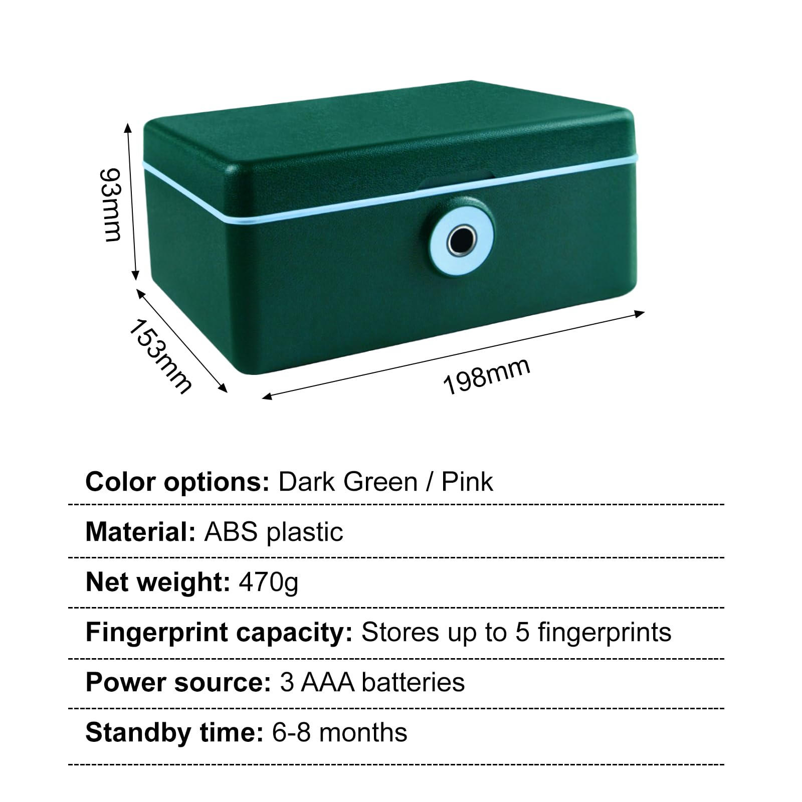 Portable fingerprint storage box for cash, jewelry, keys, and private items. Features fingerprint and password lock, perfect for homes, apartments, schools, and college dorms (green).