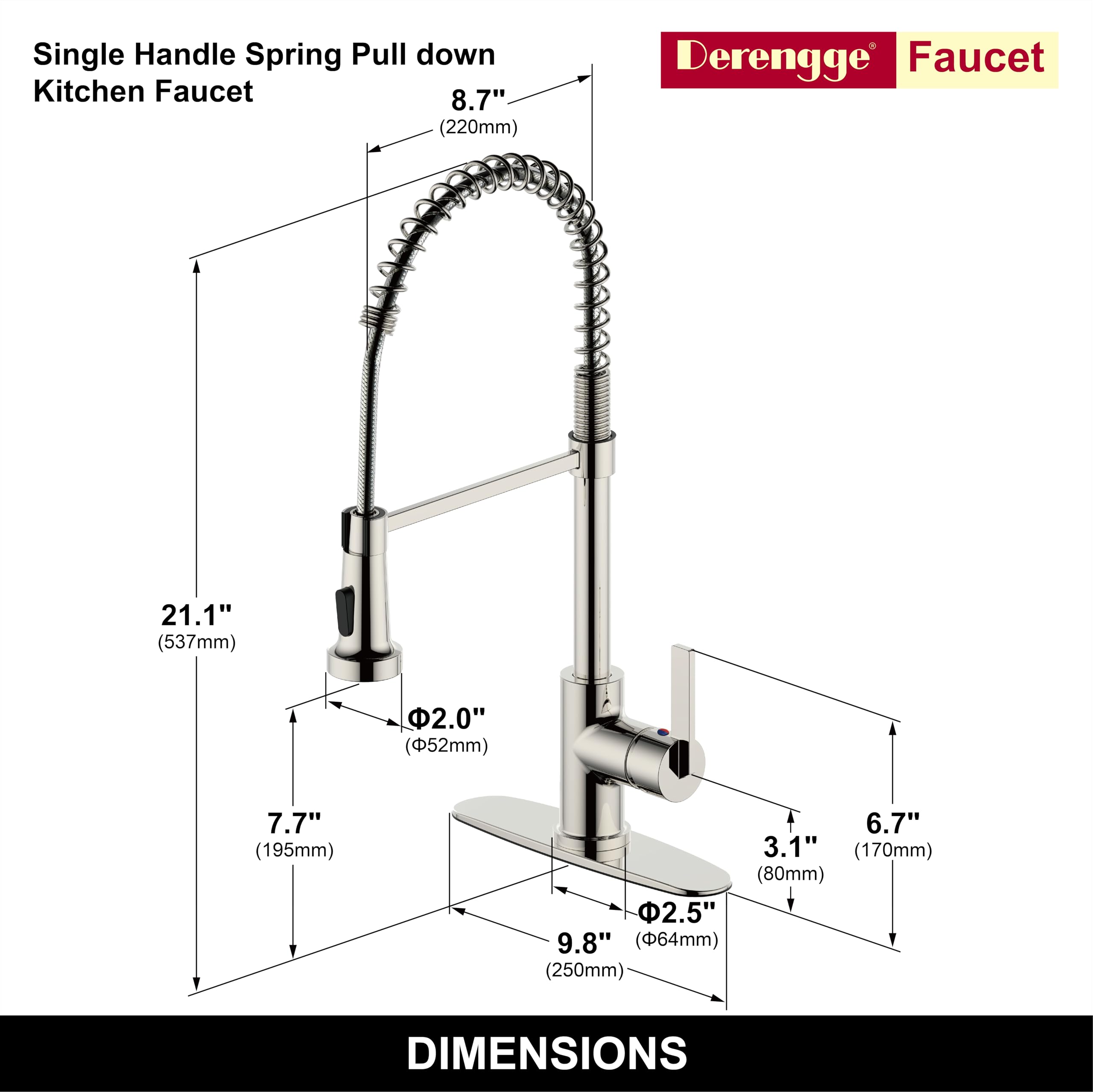 Derengge Kitchen Sink Faucet,Single Handle Spring High Arc Kitchen Faucet with Deck Plate for Farmhouse, Camper, Laundry, Rv, Bar,1 Hole or 3 Hole Installation,Polished Nickel Faucet,KF-5025-PN