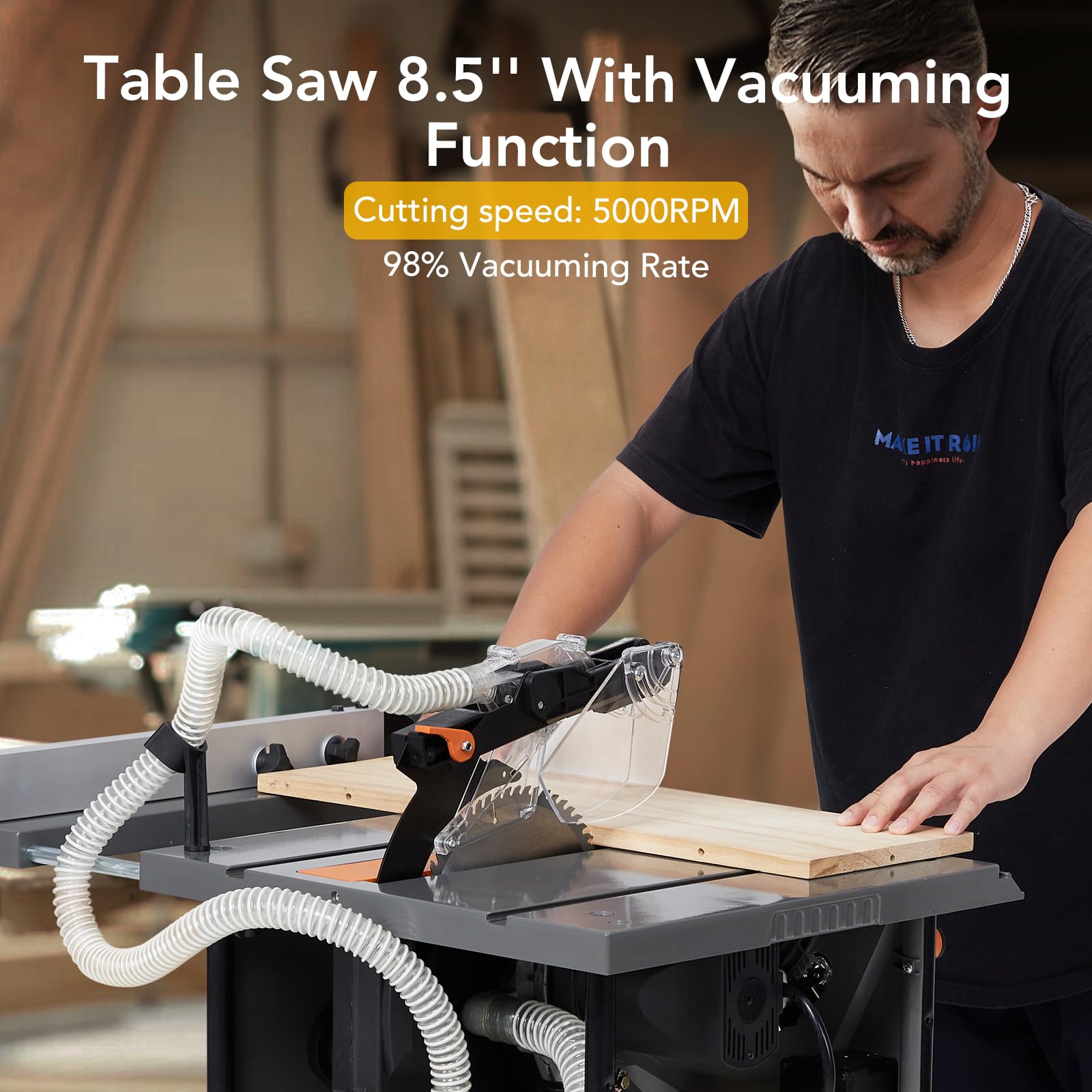 Table Saw 8.5 Inch, Portable Jobsite Table Saw With Stand & Clean Cover, 15A, 5000RPM Clean Table Saws, Adjust 90° Cross Cut 0-45° Bevel Cut, Miter Saw Table Low Noise for Woodworking, Metal