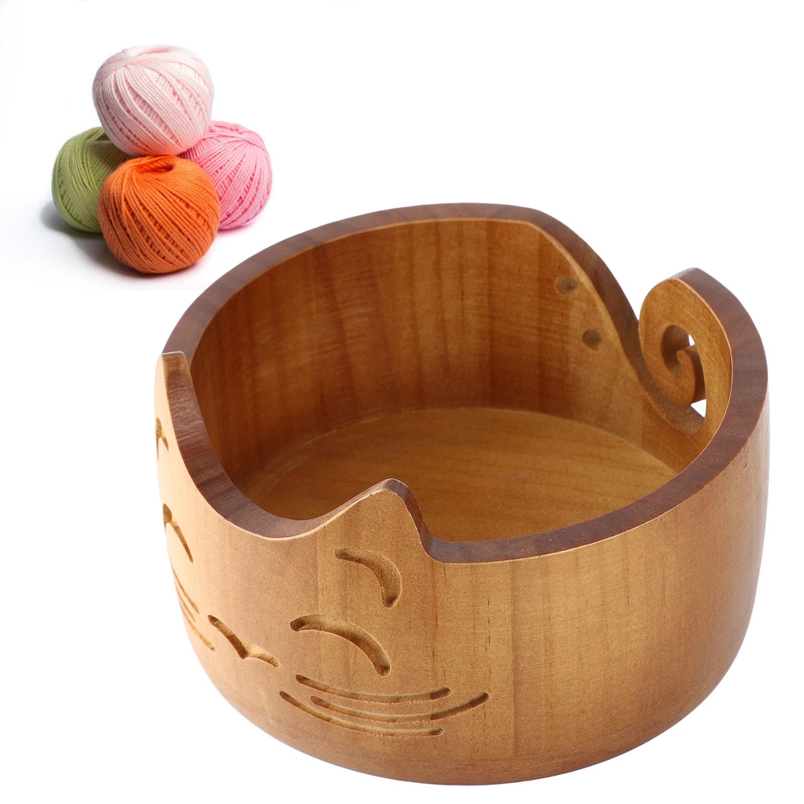 Sunicon Cat Yarn Bowl for Knitting, Wooden Cute Cat Shape Knitting Bowl Large Crochet Yarn Holder Crochet Dispenser Organizer for Knitting Crochet Enthusiasts (18x18x10cm)