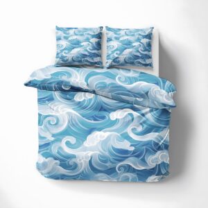 QpaZynthy Japanese Wave Bedding Queen Size, Blue Ocean Duvet Cover Set 3 Pieces, Nautical Abstract Duvet Cover and 2 Pillow Shams, Soft Microfiber Comforter Cover with Zipper Closure