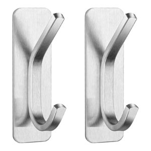 2 pack self adhesive hooks,towel hooks for bathroom, heavy duty adhesive hooks,shower hooks for inside shower,stainless steel wall hooks for coat,robe and towels, stick on bathroom and kitchen,sliver