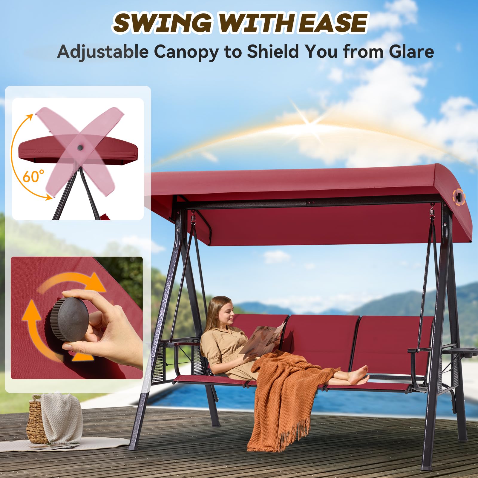 Yalissey 3 Seat Outdoor Swing with Canopy, Patio Swing Chair with Textilene Backrest & 2 Cup Holders for Backyard, Porch, Garden (Wine Red)