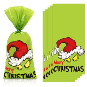 jarthenaamcs 100pcs christmas cellophane treat bags with twist ties green funny cartoon character party gift bags plastic candy goodie bags for xmas snack cookie packing