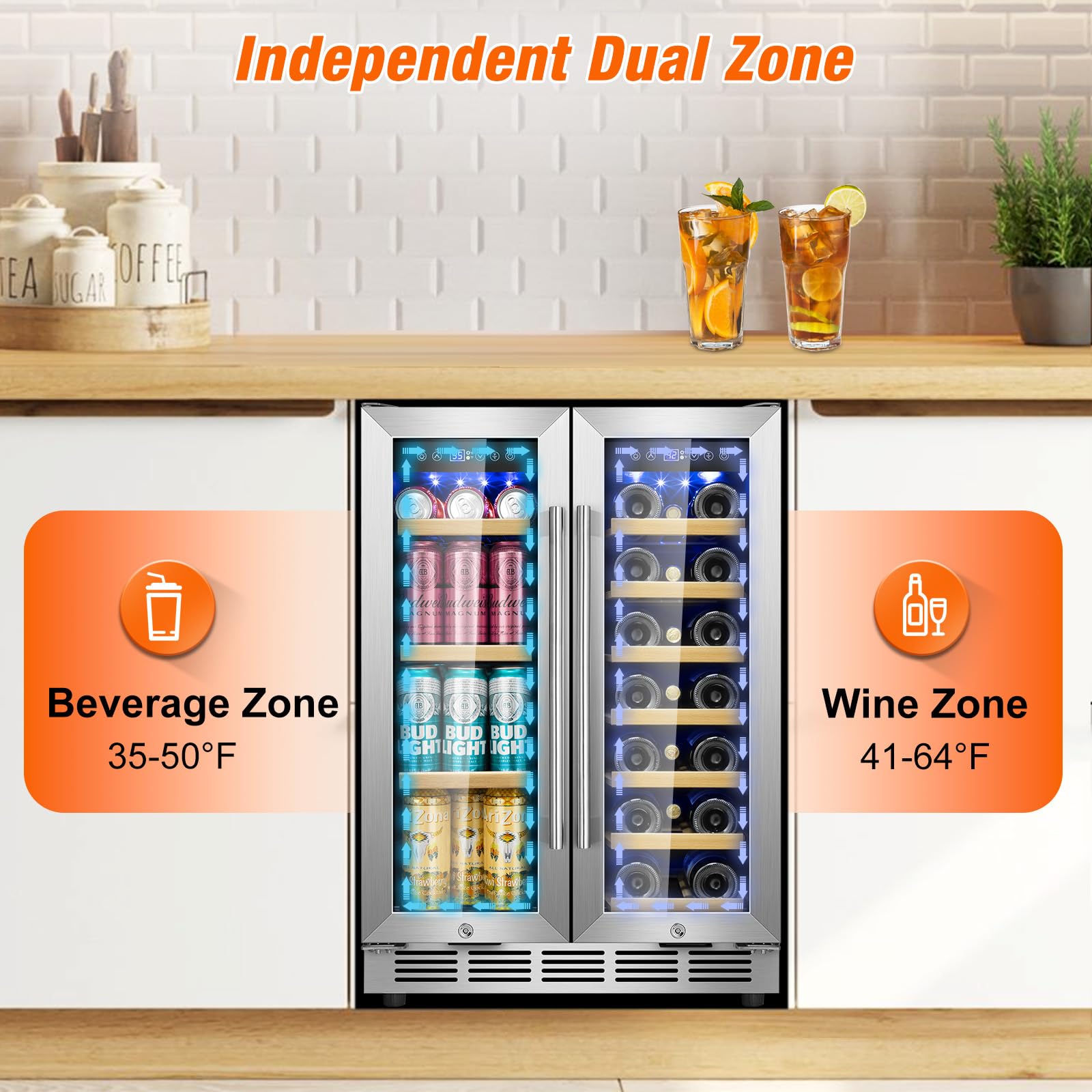 turephe Wine and Beverage Refrigerator, 24Inch Beverage Cooler Dual Zone with Glass Door, Built-in/Freestanding Beverage Fridge with Upgraded 20 Bottles and 60 Cans Large Capacity