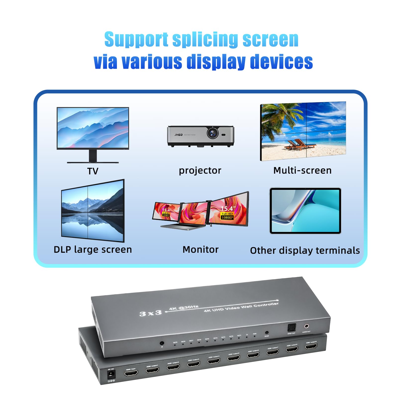 ORIVISION Video Wall Controller, 3x3 HDMI Video Wall Control,4K30 Input 108060 Output with 10 Splicing Modes 2x2,1x1,2x1,3x1,1x2,1x3,2x3,3x2,3x3,2x4, 180°Rotate TV Wall Processor for Mall ...etc.