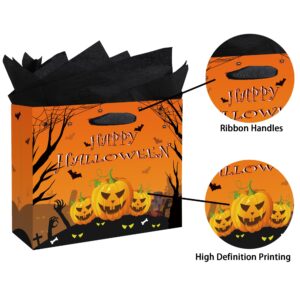 Large Happy Halloween Bag, Orange Halloween Paper Gift Bag with Tissue Paper and Card, Halloween Party Favors Bags Pumpkin Gift Bag, Halloween Wrapping Gift Paper for Halloween Party Gift Supplies