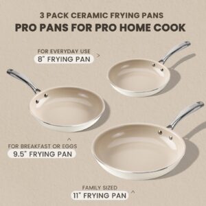 Kikcoin Non Stick Ceramic Frying Pans Skillet, 3 Pack Healthy Non Toxic Cookware Egg Cooking Pan with Stay Cool Handle, PFAS & PTFE & PFOA Free, Dishwasher & Oven Safe (8/9.5/11 inch)