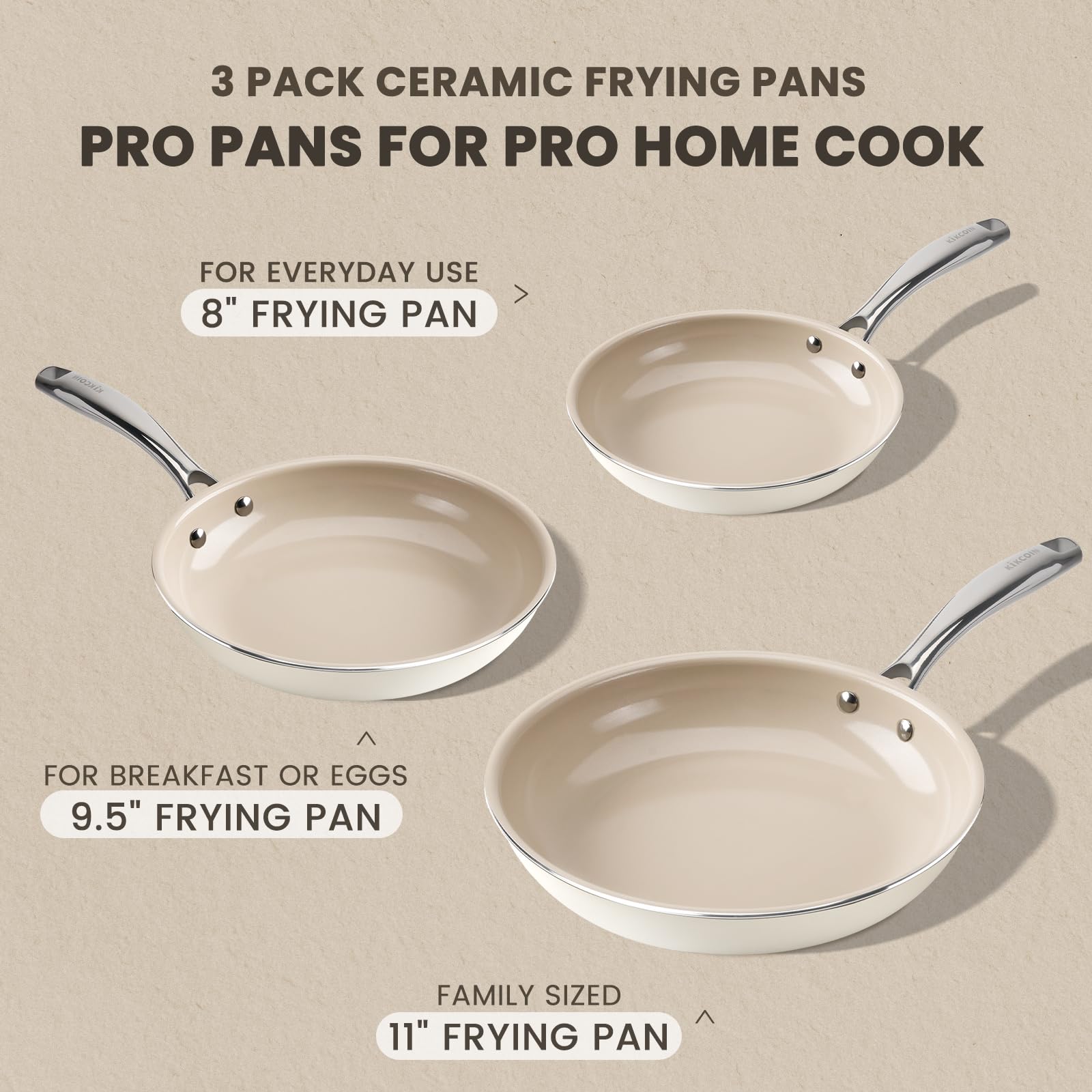 Kikcoin Non Stick Ceramic Frying Pans Skillet, 3 Pack Healthy Non Toxic Cookware Egg Cooking Pan with Stay Cool Handle, PFAS & PTFE & PFOA Free, Dishwasher & Oven Safe (8/9.5/11 inch)