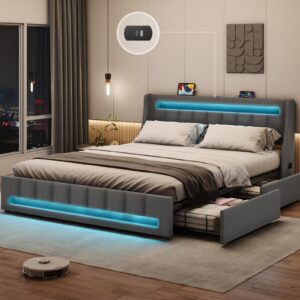 uposoja upholstered full size bed frame with 4 storage drawers,rgb led light,charging station,slat support,no box spring needed,noise-free,easy assembly,dark grey