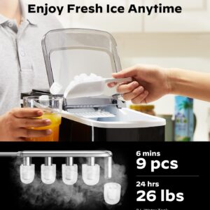 Silonn Smart Countertop Ice Maker - 9 Bullet Cubes in 6 Mins, 26 lbs per Day, Compact Wi-Fi Ice Maker Machine, 2 Ice Cube Sizes, Portable Ice Maker with Self-Cleaning for Kitchen/Office/RV