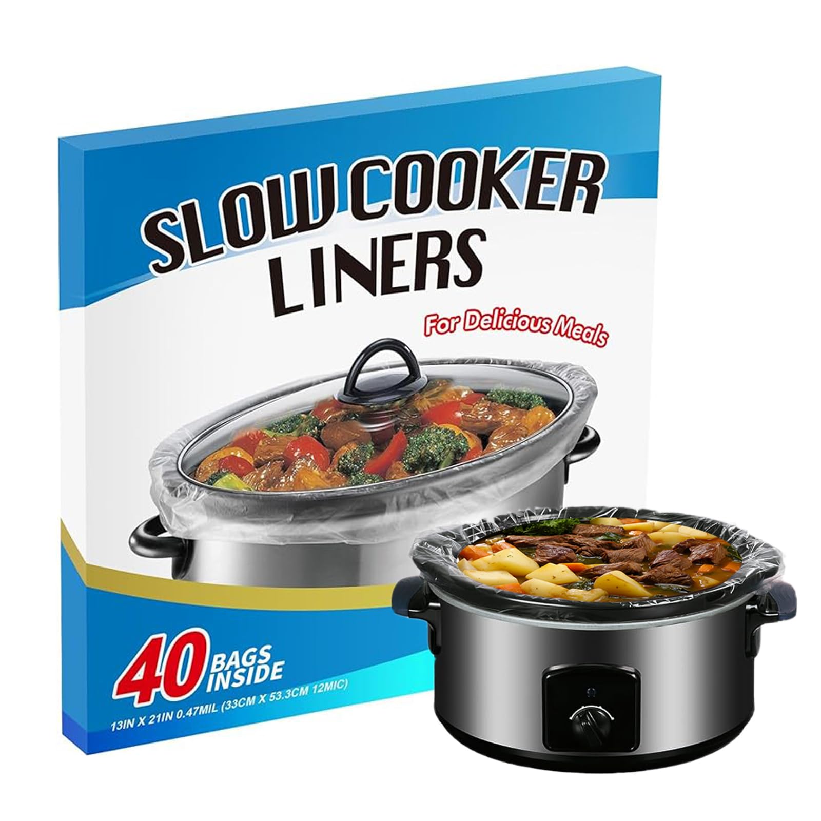 FASOZUKA Slow Cooker Liners 40×Cooking Bags Extra Large Size Disposable Pot Liners, Fit 3QT to 8QT for Slow Cooker Cooking Trays Suitable for Oval & Round Pots 13"x 21", 40 Liners