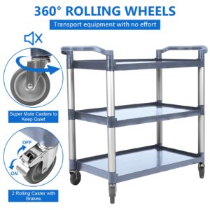 Service Cart Heavy Duty 3-Shelf Rolling Utility/Push Cart with Lockable Wheels, 360 lbs. Capacity, Black, for Foodservice/Restaurant/Cleaning (Grey)