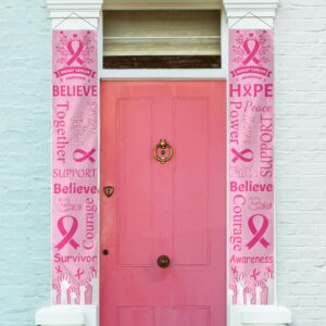 zhifu breast cancer awareness party decorations breast cancer banner porch sign, pink ribbon door banner party supplies backdrop for outdoor indoor, 12 x 72 inch