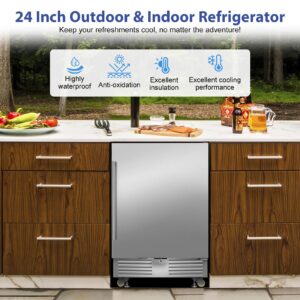 Outdoor Refrigerator with Wheels, 24 Inch Undercounter Beverage Fridge Lockable, 180 Cans Beverage Cooler Durable and Waterproof for Outdoor Kitchen and Patio