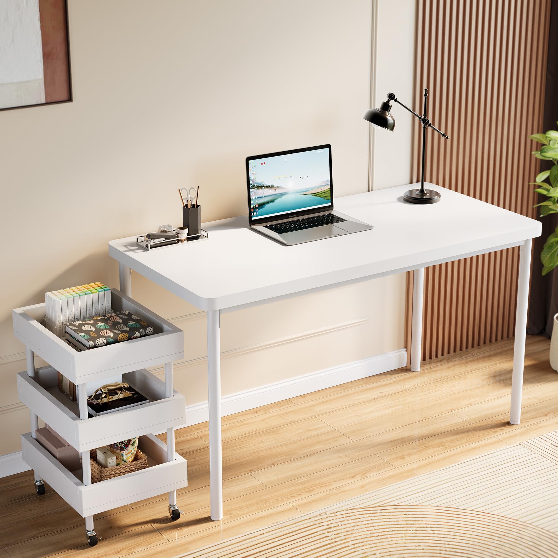 Tribesigns 47-Inch Computer Writing Desk, Simple White Home Office Desks with 3-Tier Wood Storage Cart, Modern Study Table Work Desk Workstation for Bedroom, Small Spaces