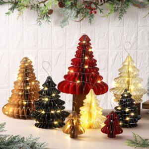 faccito 8 pcs paper christmas honeycomb trees centerpiece led lighted honeycomb christmas tree with 2 led light strings holiday hanging decoration table centerpiece (retro style, vintage color)