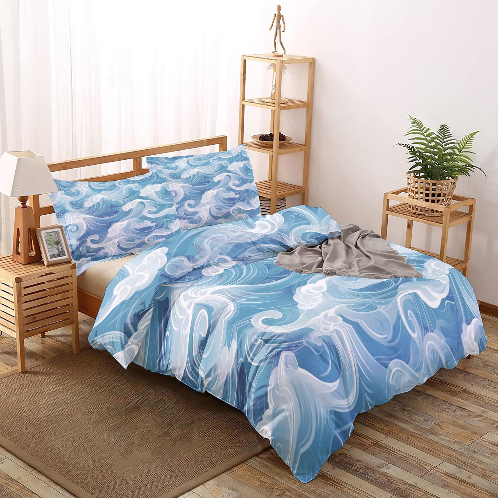 QpaZynthy Japanese Wave Bedding Queen Size, Blue Ocean Duvet Cover Set 3 Pieces, Nautical Abstract Duvet Cover and 2 Pillow Shams, Soft Microfiber Comforter Cover with Zipper Closure